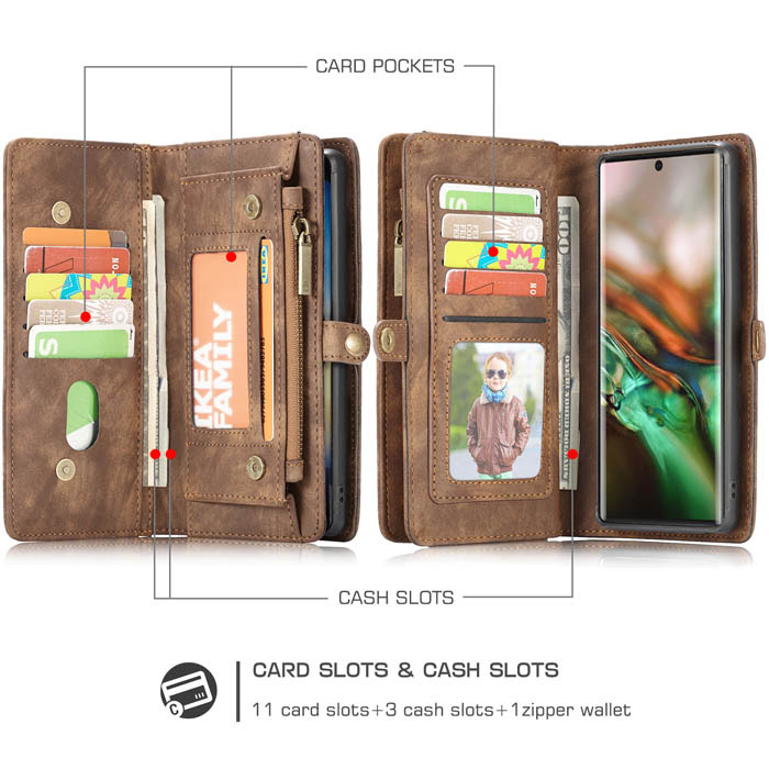 CaseMe Samsung Galaxy Note 10 Zipper Wallet Detachable Case Coffee
