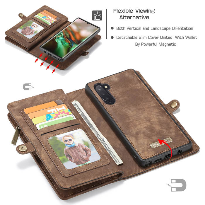 CaseMe Samsung Galaxy Note 10 Zipper Wallet Detachable Case Coffee
